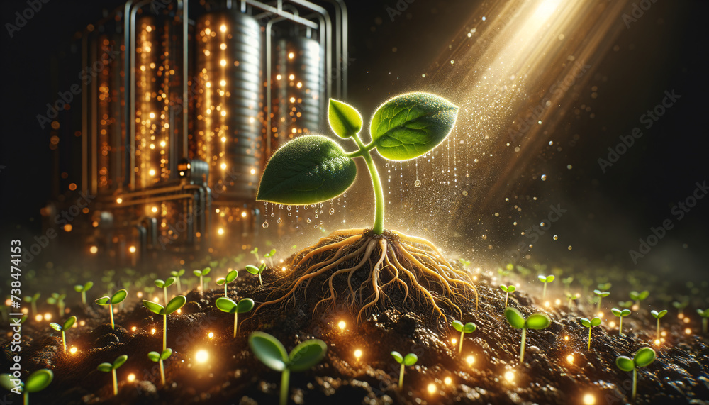 Vibrant bioenergy seedling in nutrient-rich soil with modern facility ...
