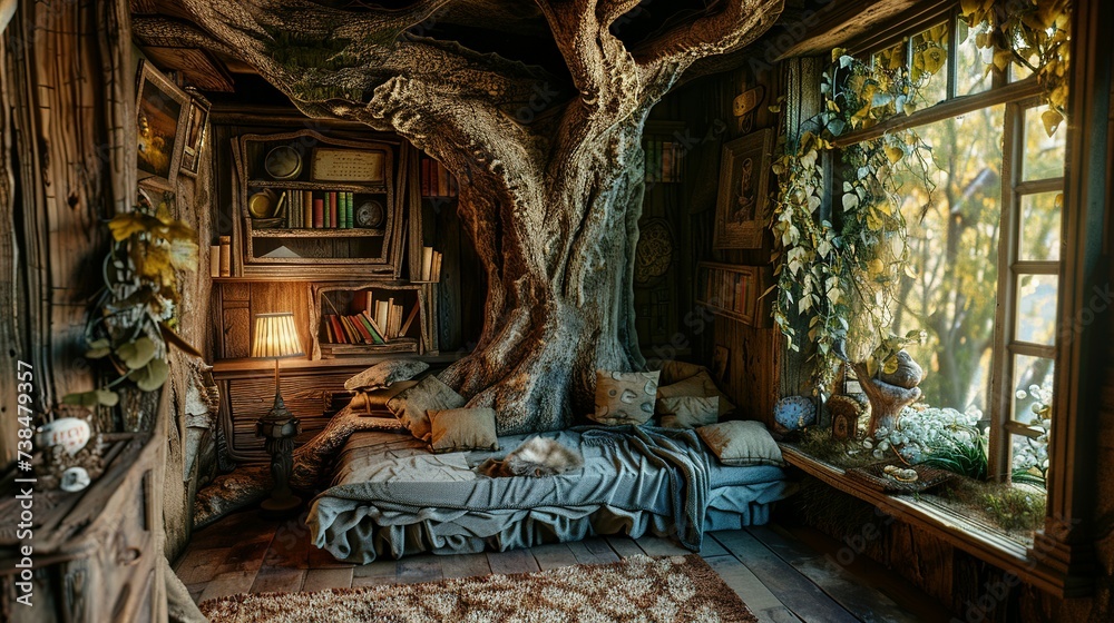 cozy interior inside a tree, the house of a squirrel or a chipmunk from ...