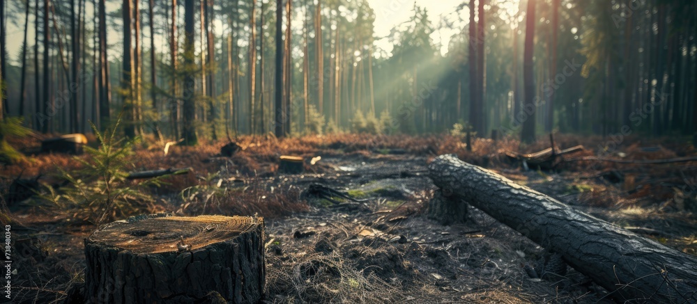 Deforestation in the state forest caused by cutting down trees and leaving trunks behind. Stock ...