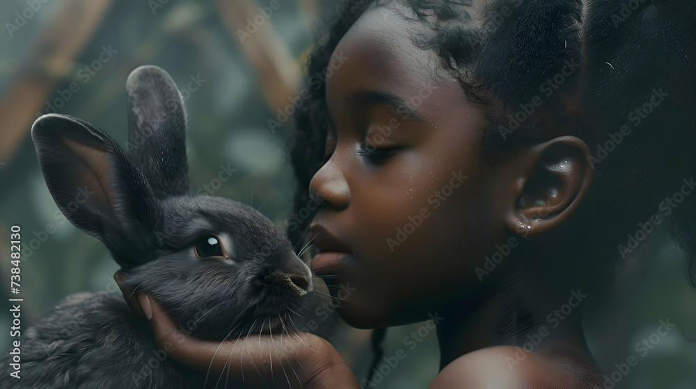 Captured in high definition, a black girl gently lifts a bunny to her ...