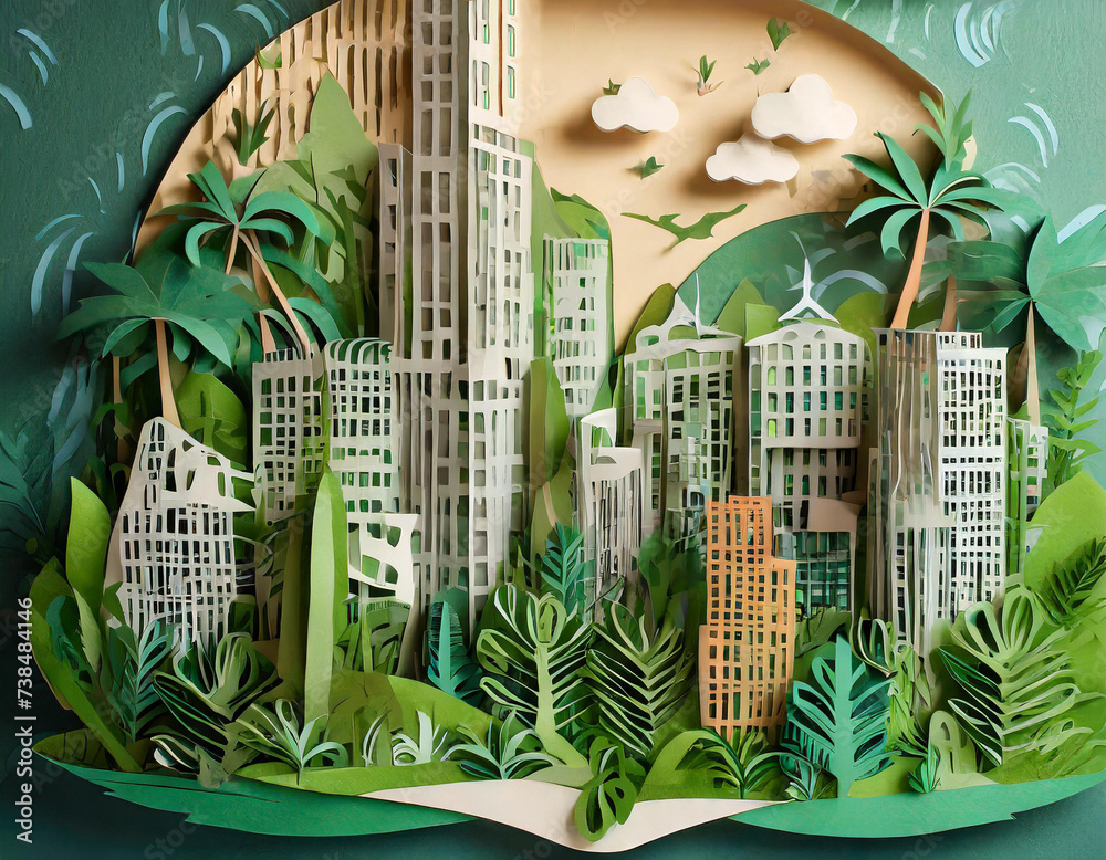 city with modern buildings surrounded by jungle, paper cutouts Stock ...