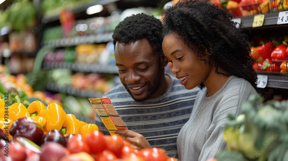 Young couple comparing nutrition labels in supermarket health section ...