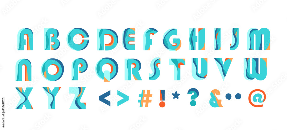 Colorful layered font and alphabet. Color creative art typographic ...