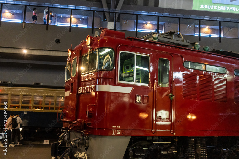 Tokyo, Japan, 3 November 2023: Red electric train on display at railway ...