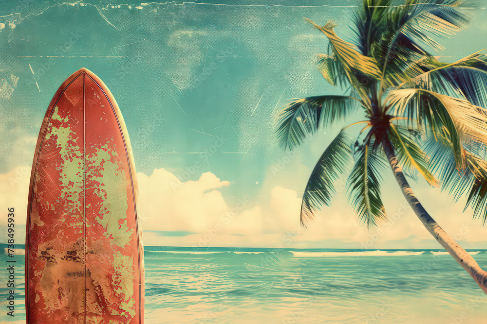 Surfboard on tropical beach background. Vintage tone color style ...