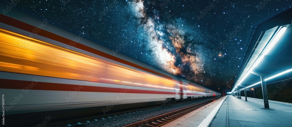 Blurred modern passenger train and railroad under starry night sky with ...