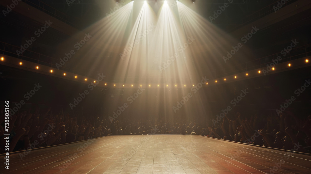 Empty stage with spotlighs shining down looking out towards the ...