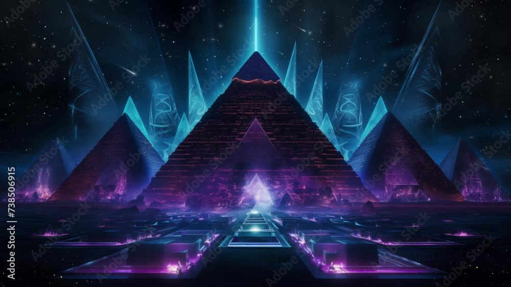 pyramid complex at night with pyramid. neon pyramid at night on ...