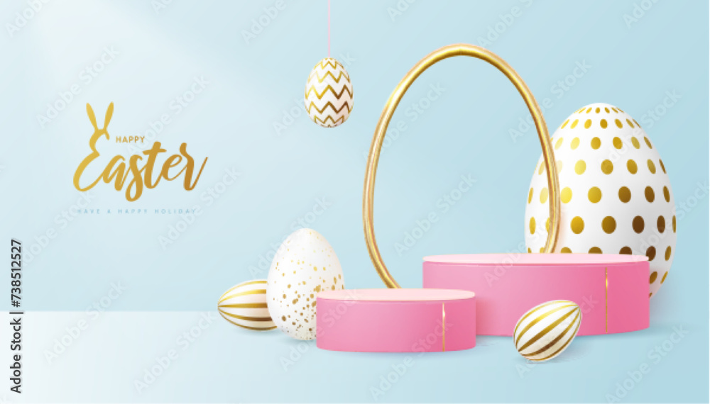 Holiday Easter showcase blue background with 3d podium and easter eggs ...