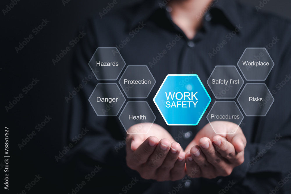 Work safety concept. hazards, protections, health and regulations ...