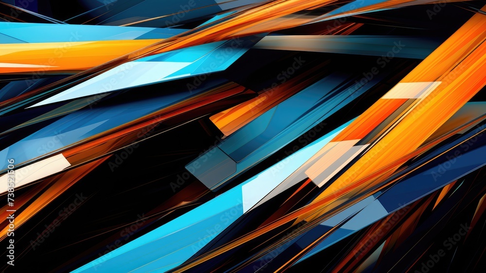 This abstract painting features bold blue and orange lines intersecting ...