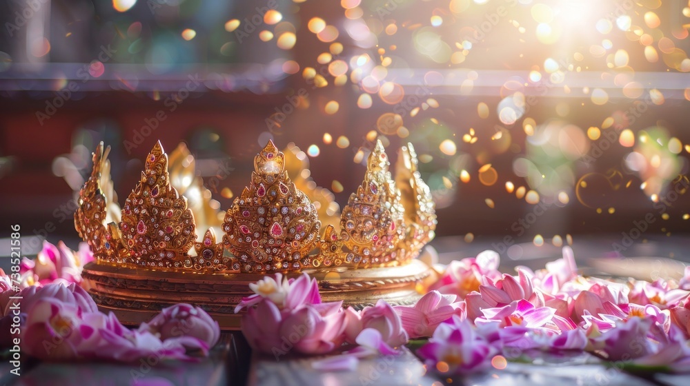Traditional crowns used by Thai dance performers sit on a classic ...