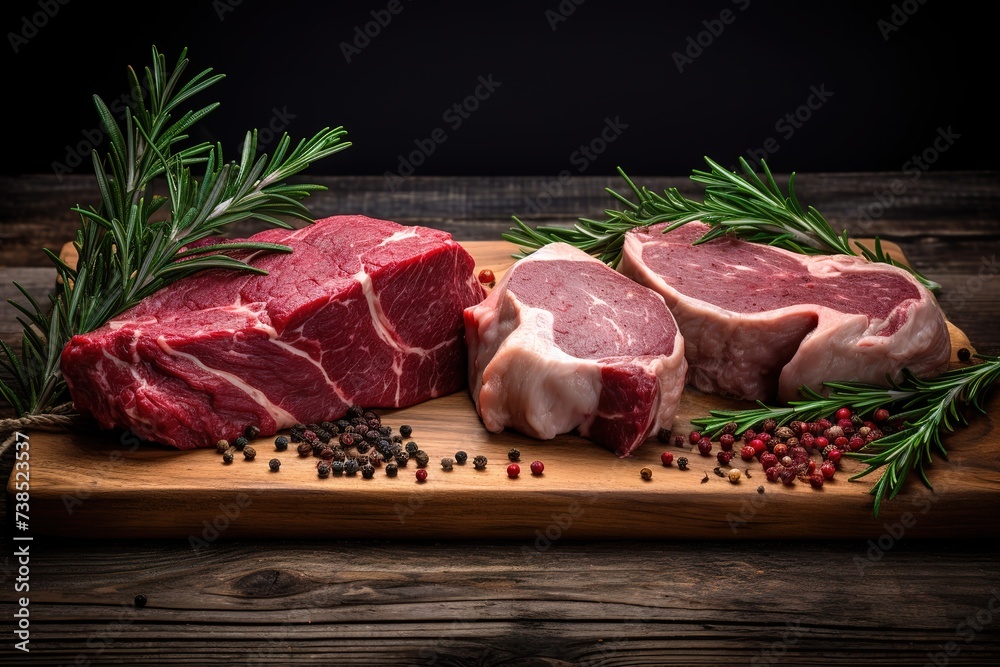 Slices of beef on a fresh red table, processed grilled meat and so ...