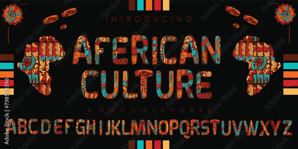 AFERICAN Traditional Culture pattern font alphabet with the effect of ...