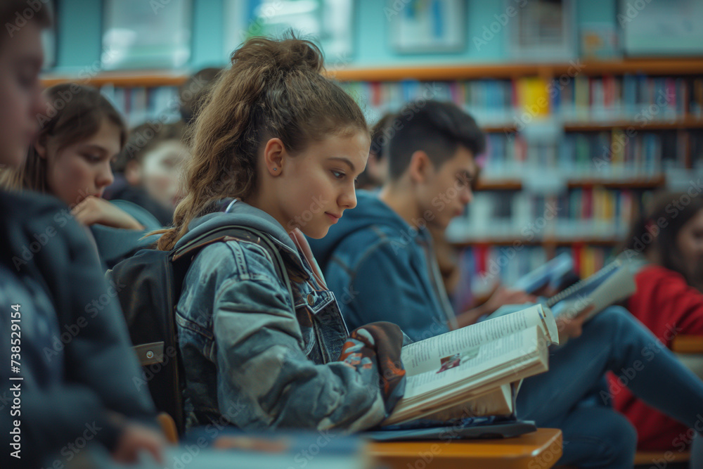 Students study and read in the library surrounded by books Read books ...