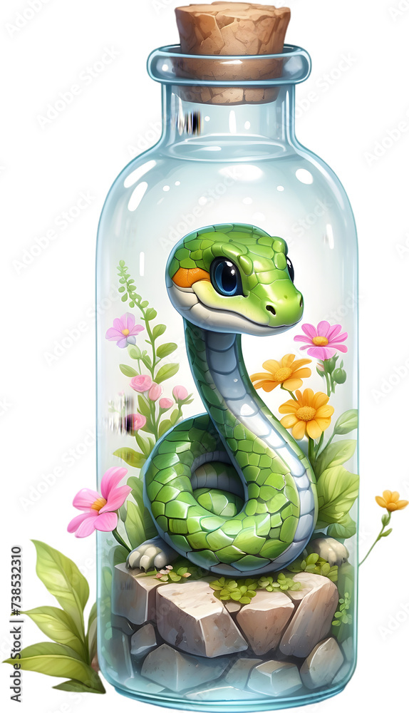 blind box lovely cute chibi snake in glass bottle ,flower garden ...