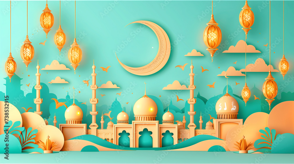 Ramadan Scenery with Mosque and Floating Lanterns in an Orange Sky ...