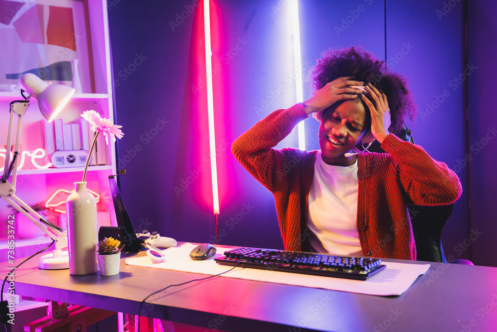 African American girl streamer playing online fighting with Esport ...