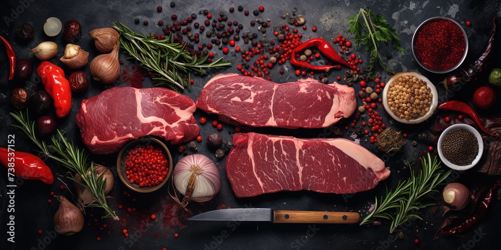 Slices of beef on a fresh red table, processed grilled meat and so ...