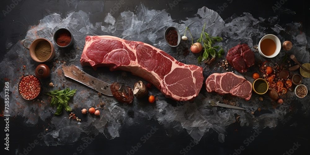 Slices of beef on a fresh red table, processed grilled meat and so ...