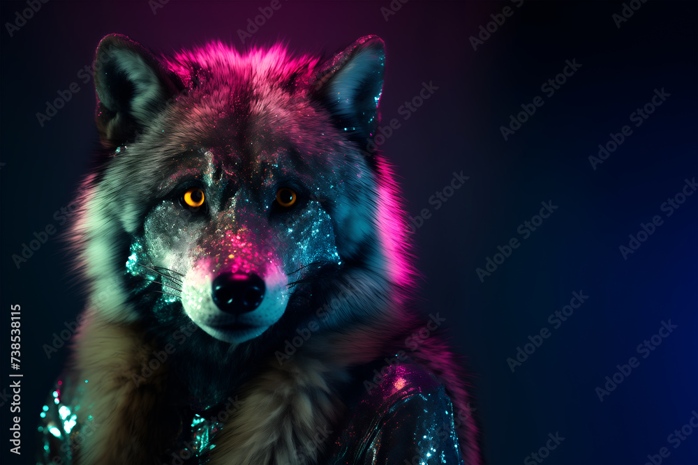Creative animal concept. Wolf in disco neon glitter glam shiny glow ...
