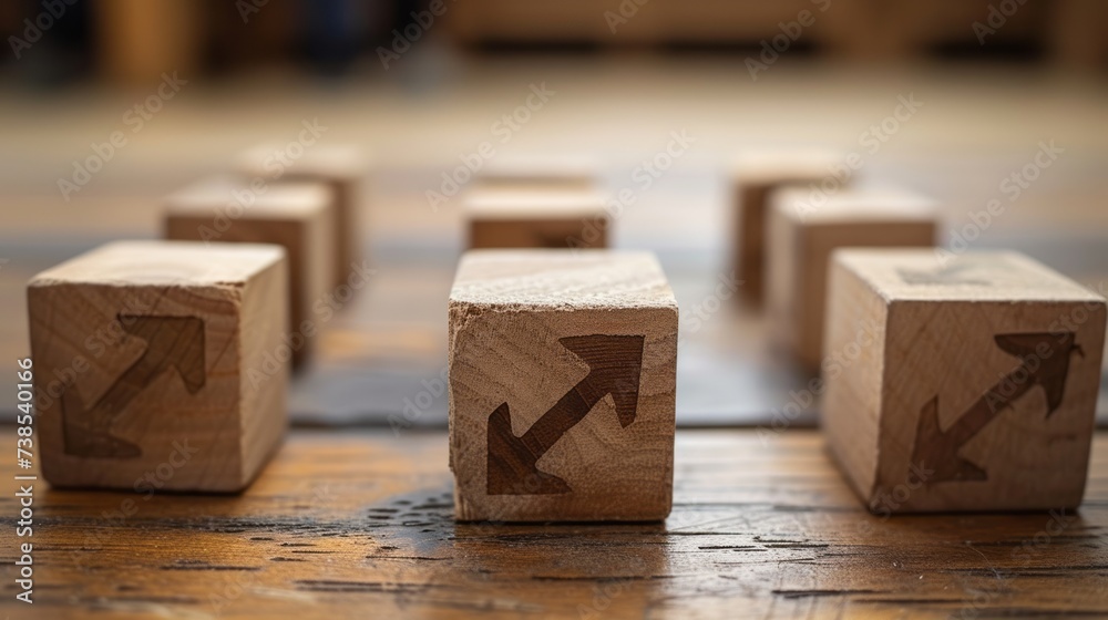 Arrowing symbols on wooden blocks on a table, featuring clean ...