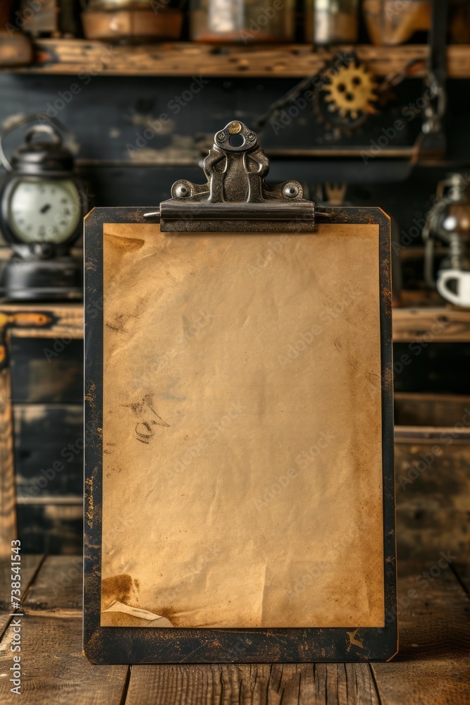 An old clipboard with blank paper on a white desktop in the background ...
