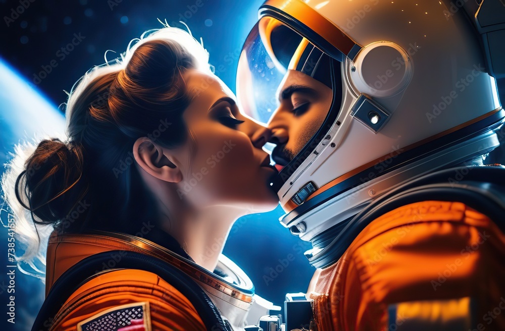 Kiss of an astronaut and his girlfriend. Illuminated by sunlight orange ...