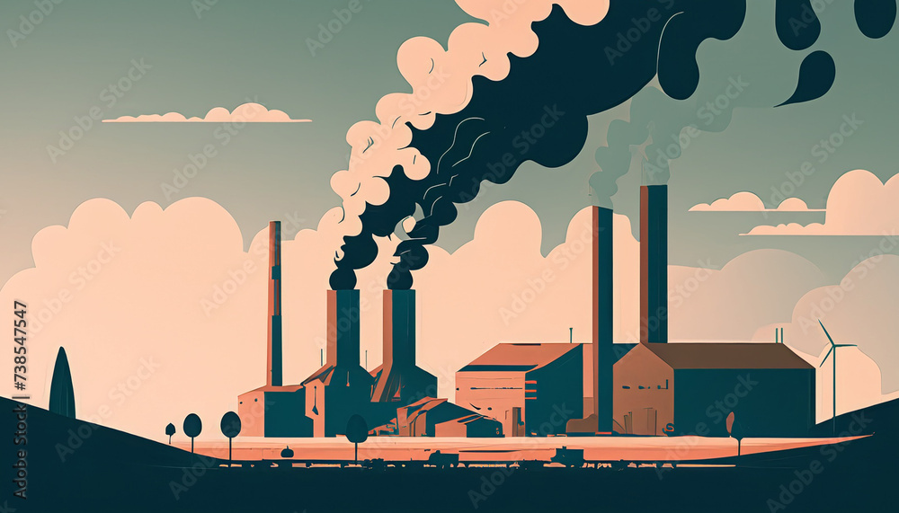 Illustration of factory in nature landscape with big chimney smoke, air ...