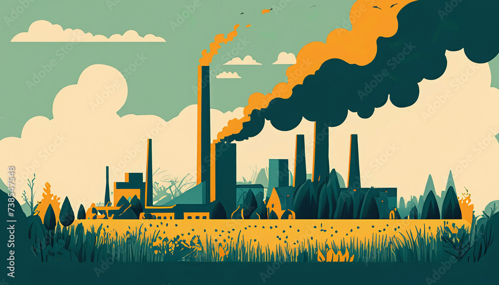 Illustration of factory in nature landscape with big chimney smoke, air ...