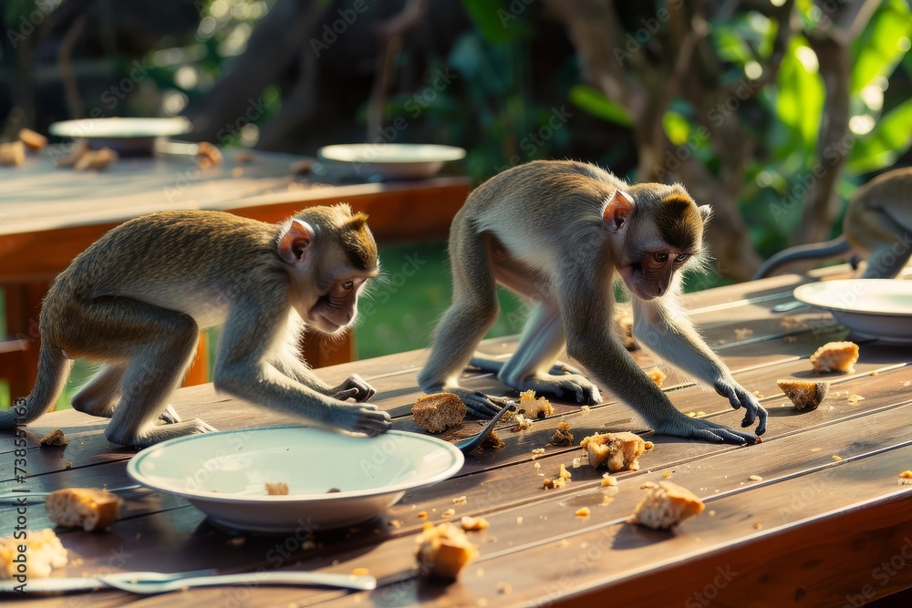 Two monkeys caught in the act of scavenging leftovers on an outdoor ...