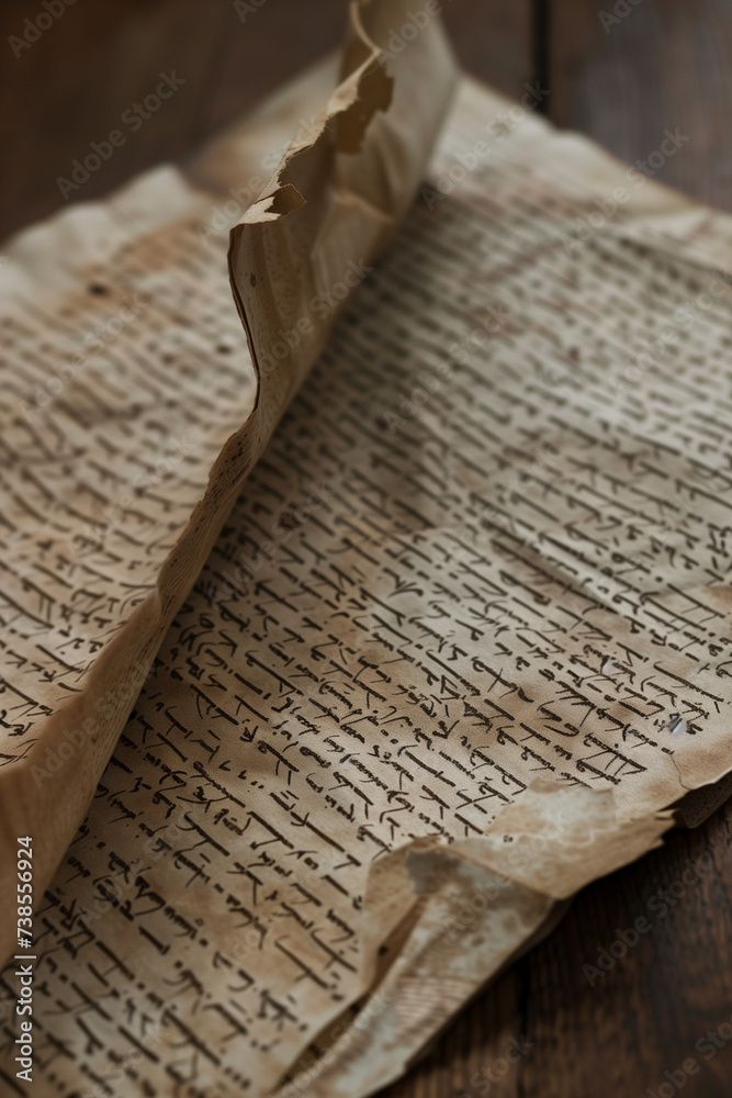 Vintage antique yellowed tattered sheets of parchment with secret ...