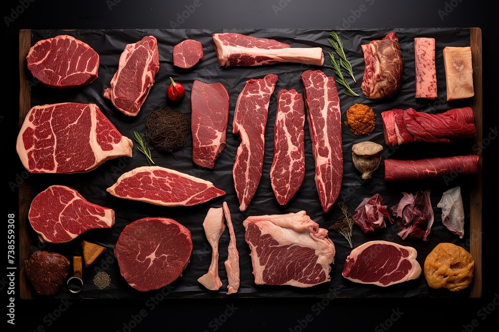 Slices of beef on a fresh red table, processed grilled meat and so ...