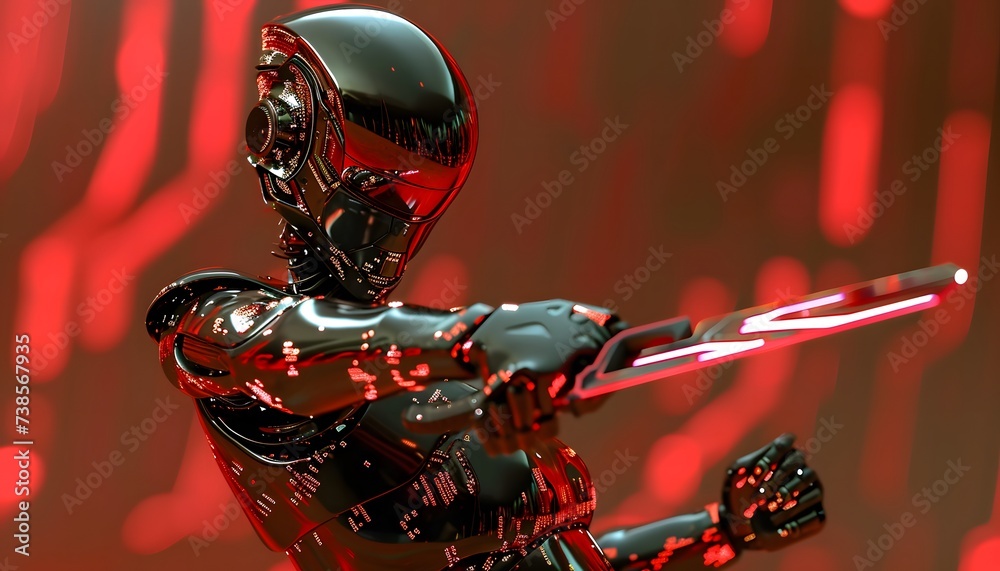 digital Ai warrior assassin robot with sword black and red design Stock ...