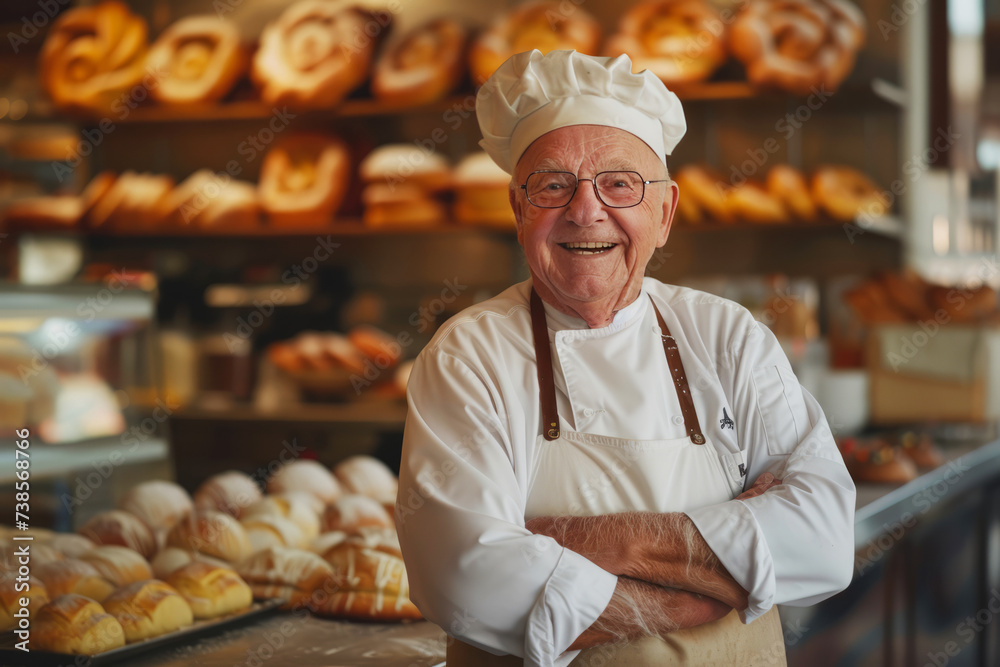 Cheerful elderly chef in a bakery, proudly presenting freshly baked ...