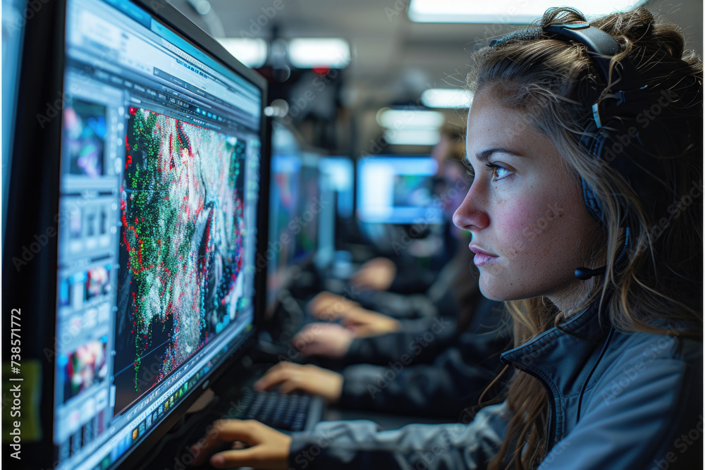 A young female analyst with a headset concentrates on complex data ...