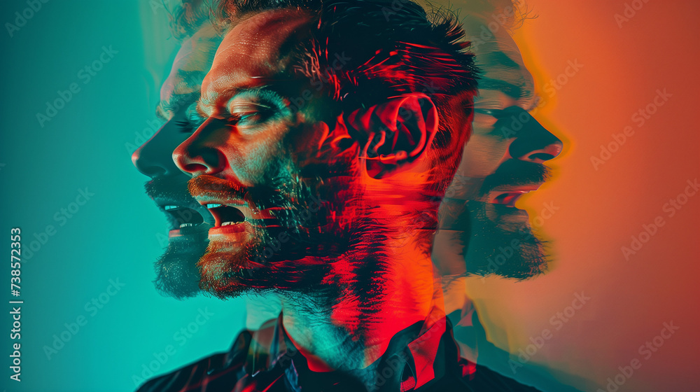 Silhouette of a man with a double exposure effect in red. Concept of ...