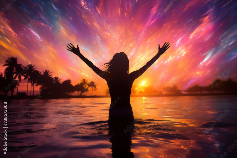 Woman rise hand up on sunset sky at beach and island background ...