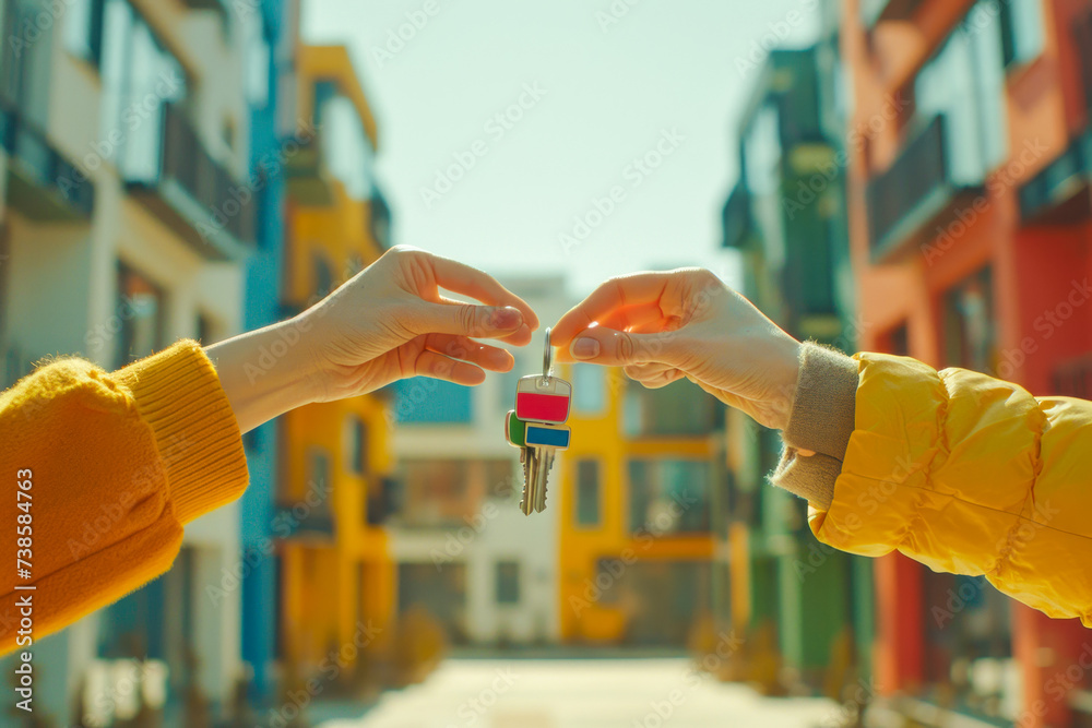 Hand-to-hand handover of keys. A realtor's hand hands over the keys to ...