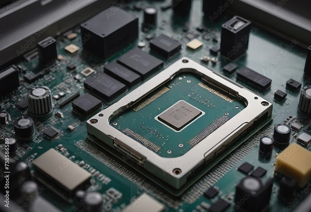 Modern CPU processor installed on a brand new motherboard, object ...