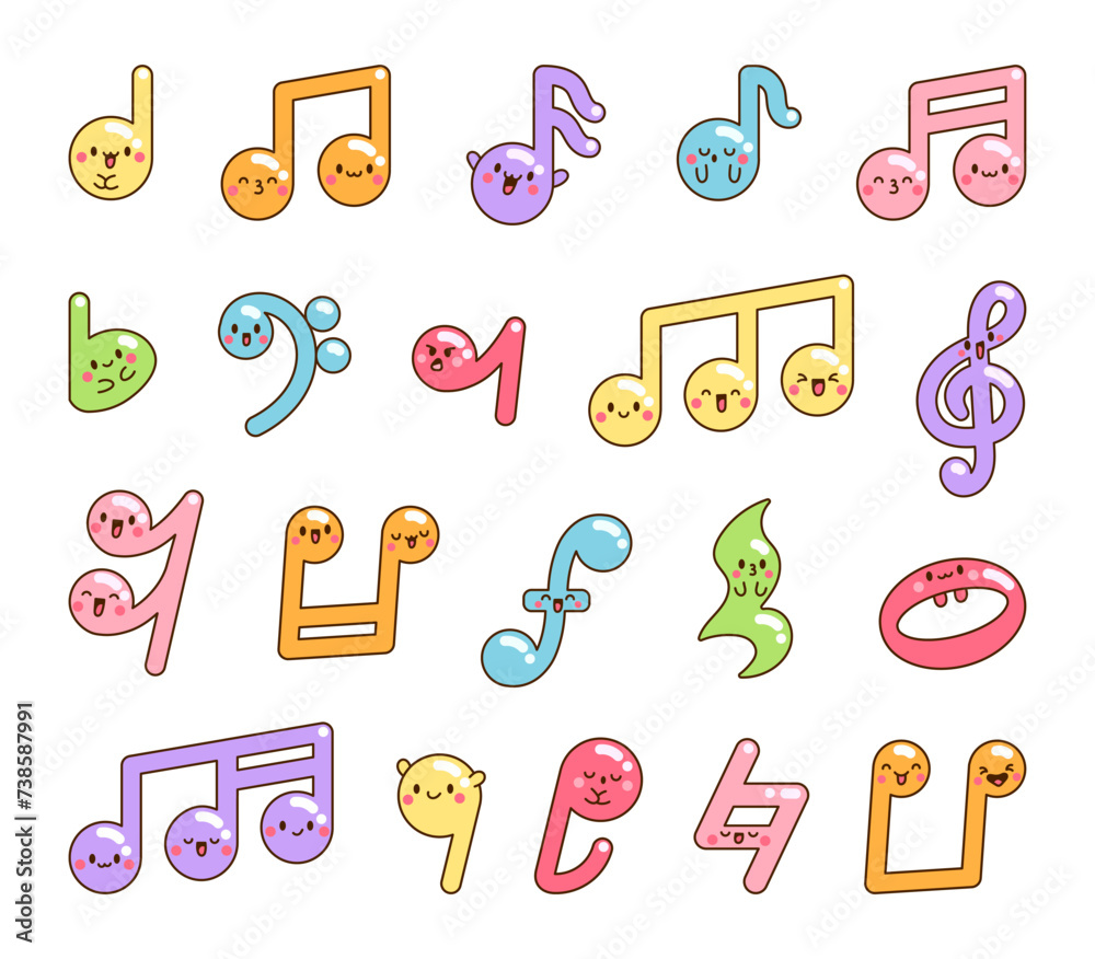 Cute kawaii music notes. Funny cartoon character. Hand drawn style ...