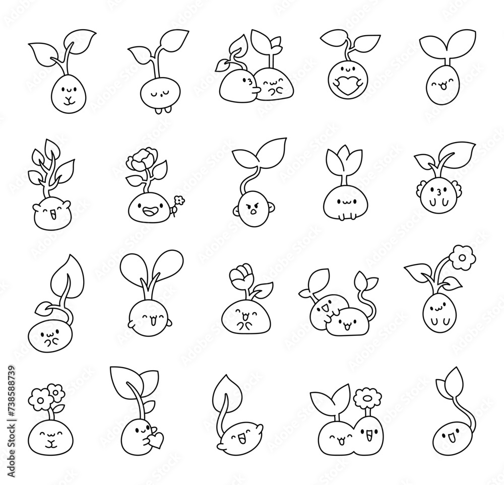 Cute kawaii seed with roots. Coloring Page. Bean sprout. Cartoon plant ...