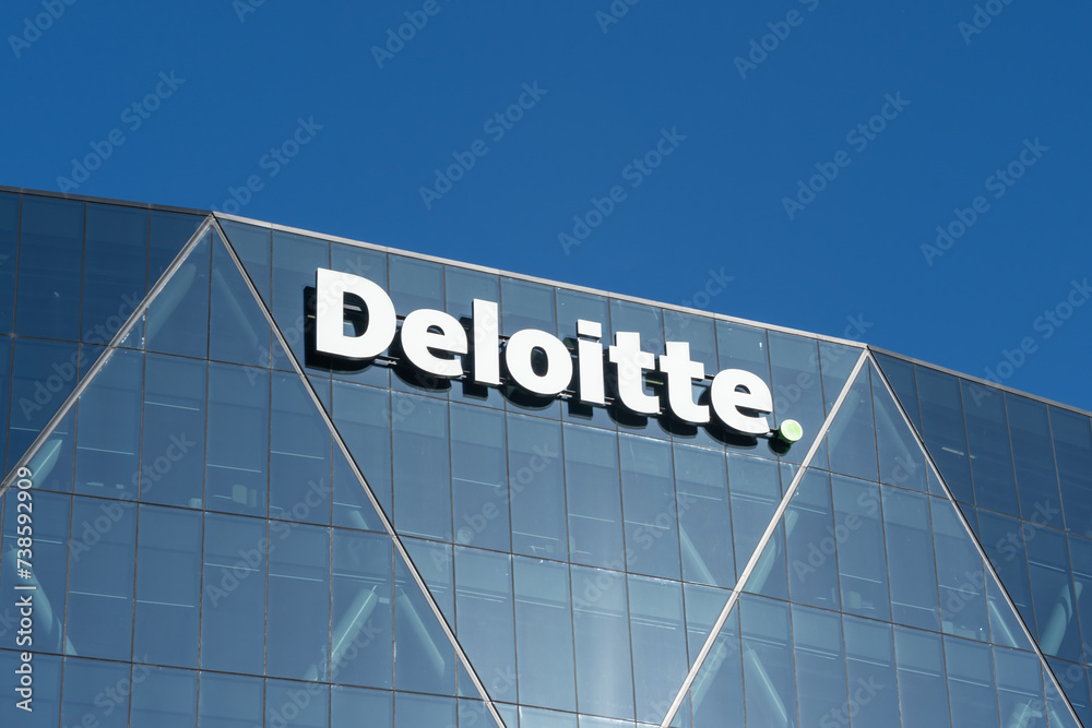 Wellington, New Zealand - February 10, 2024: Close-up of Deloitte logo ...