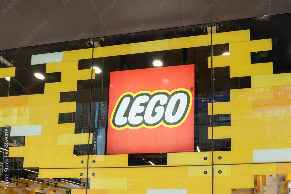 Wellington, New Zealand - February 11, 2024: Close-up of LEGO logo sign ...