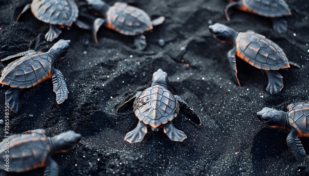 cute baby sea turtles hatchling on black sand beach wildlife Stock ...