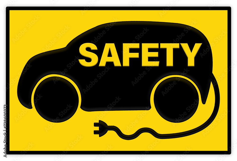 Yellow and black safety sign for electric vehicles (EV cars) to warn ...
