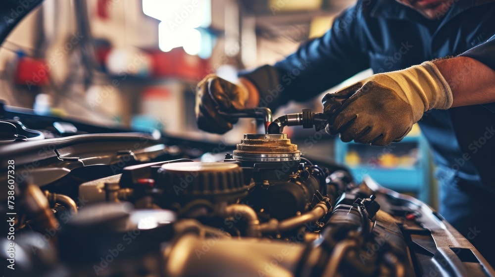 mechanic is doing the annual car inspection. Car repair shop is ready ...