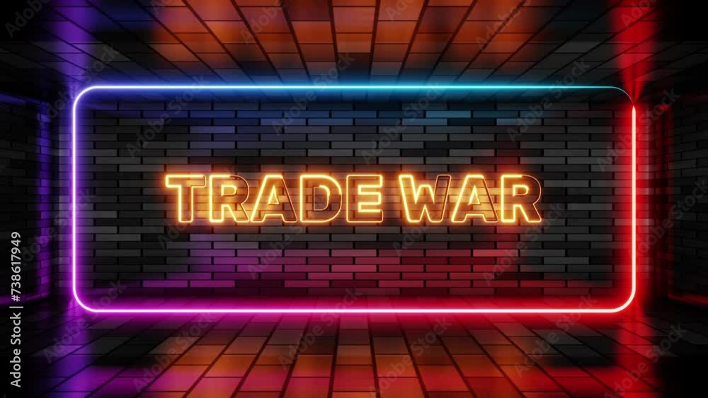 Neon sign trade war in speech bubble frame on brick wall background 3d ...