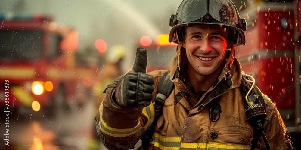 Heroic Firefighter Signals Safety in Front of Engine Stock Photo ...