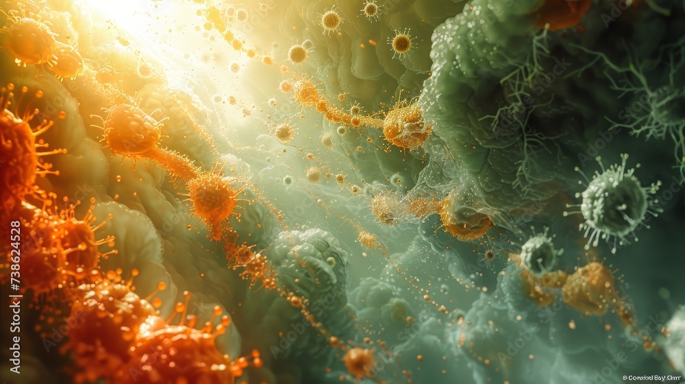 Digital art simulating a microscopic battle between viral particles and ...